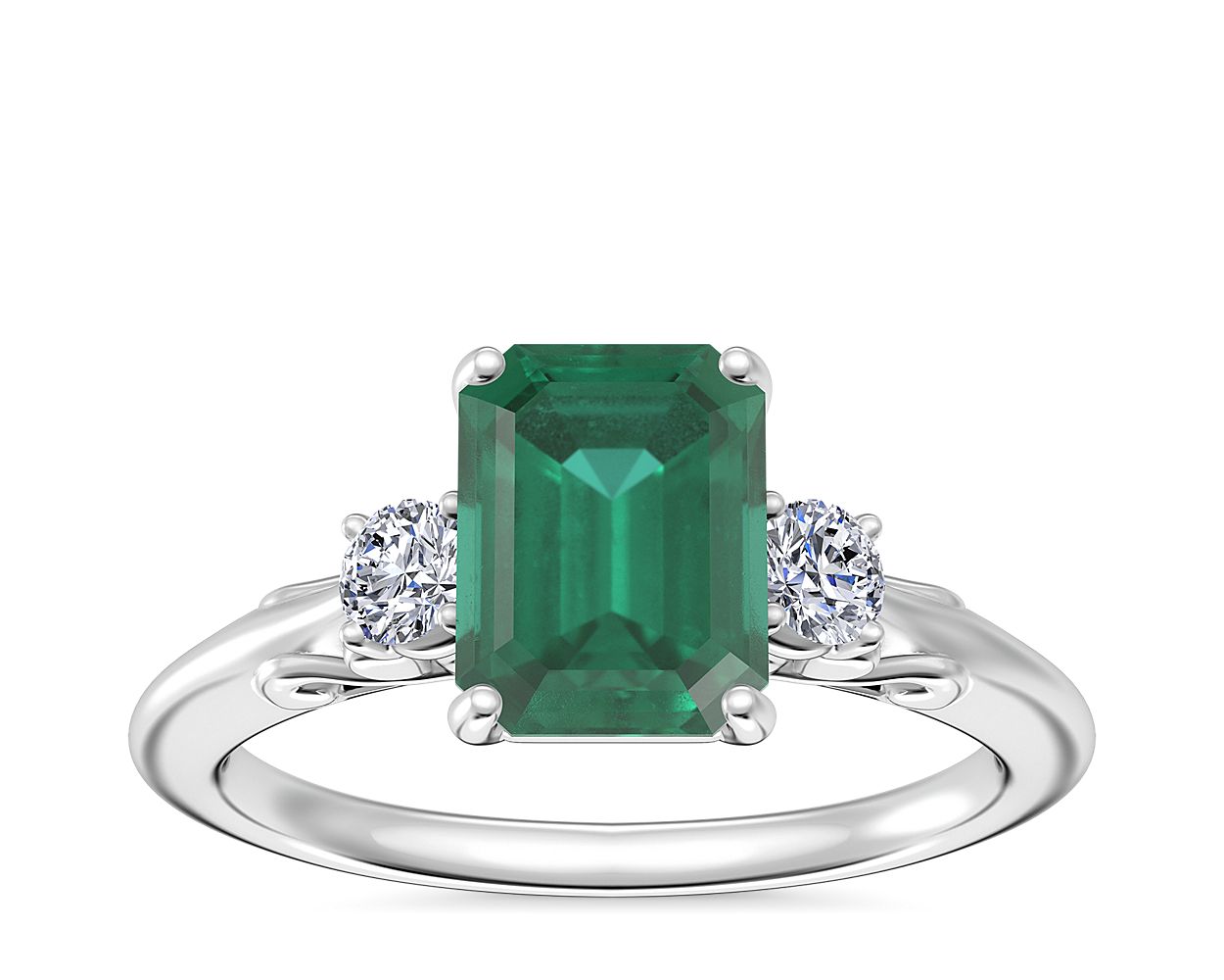 Vintage Three Stone Engagement Ring with Emerald-Cut Emerald in ...