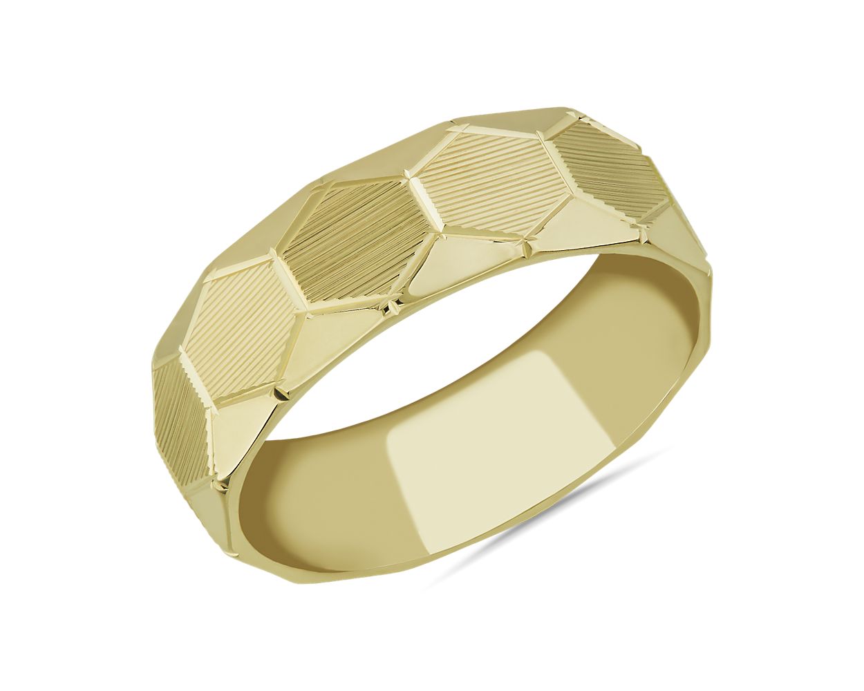 Raised Hexagon Lined Wedding Ring in 18k Yellow Gold (7mm)