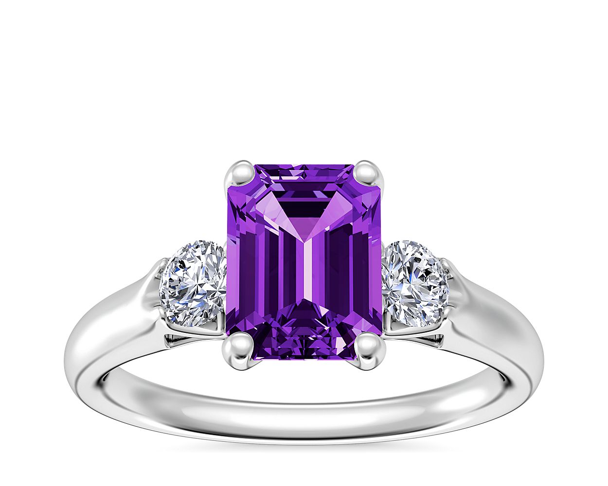 Classic Three Stone Engagement Ring with Emerald-Cut Amethyst in ...