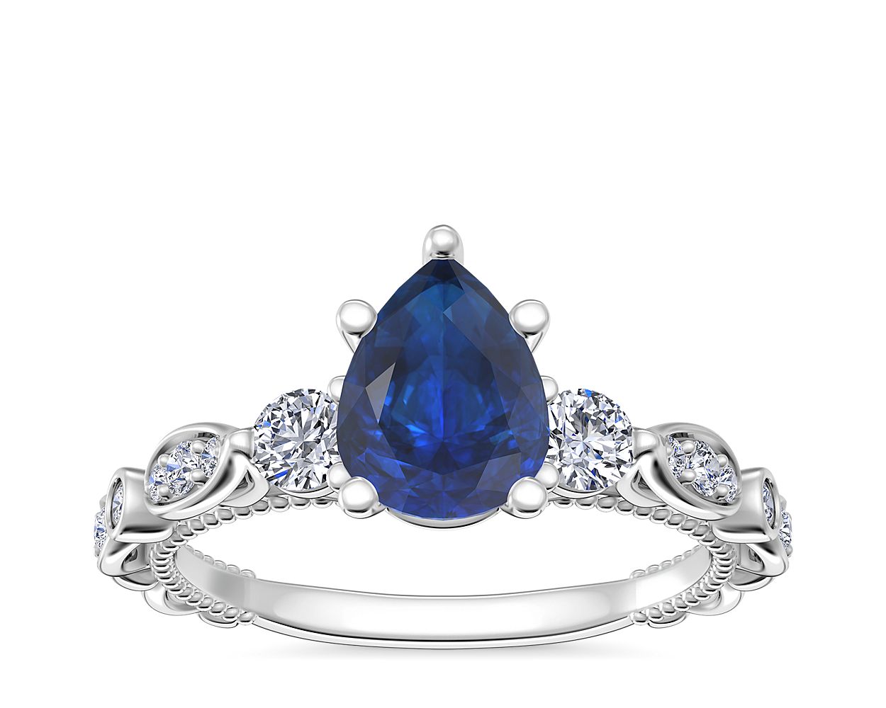 Floral Ellipse Diamond Cathedral Engagement Ring with Pear-Shaped ...