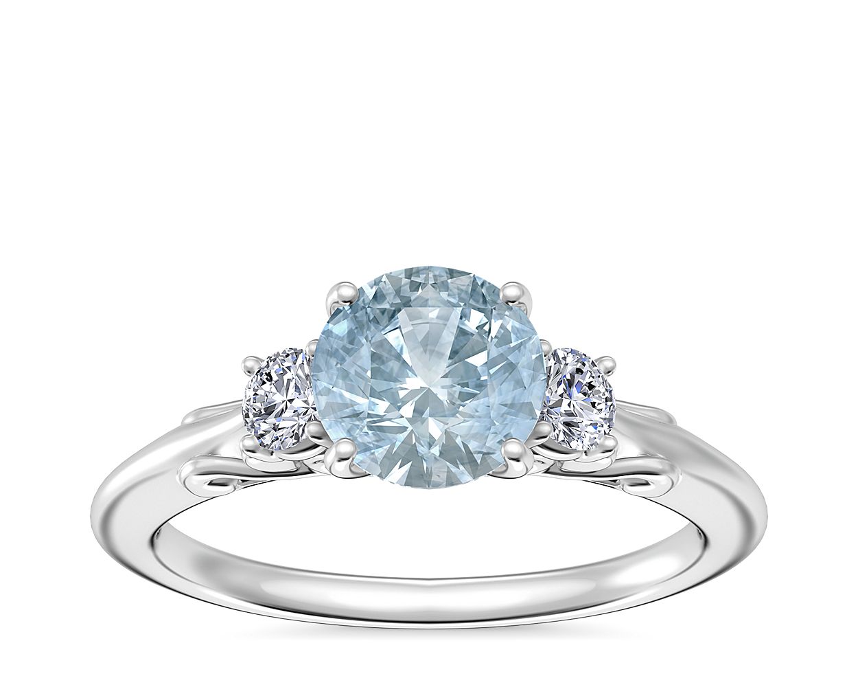 Vintage Three Stone Engagement Ring with Round Aquamarine in 14k White ...