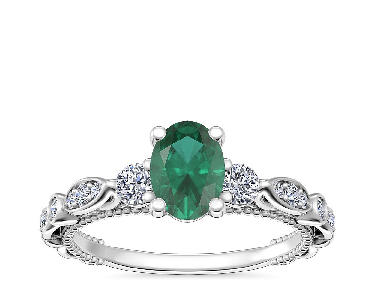 Floral Ellipse Diamond Cathedral Engagement Ring with Oval Emerald in ...