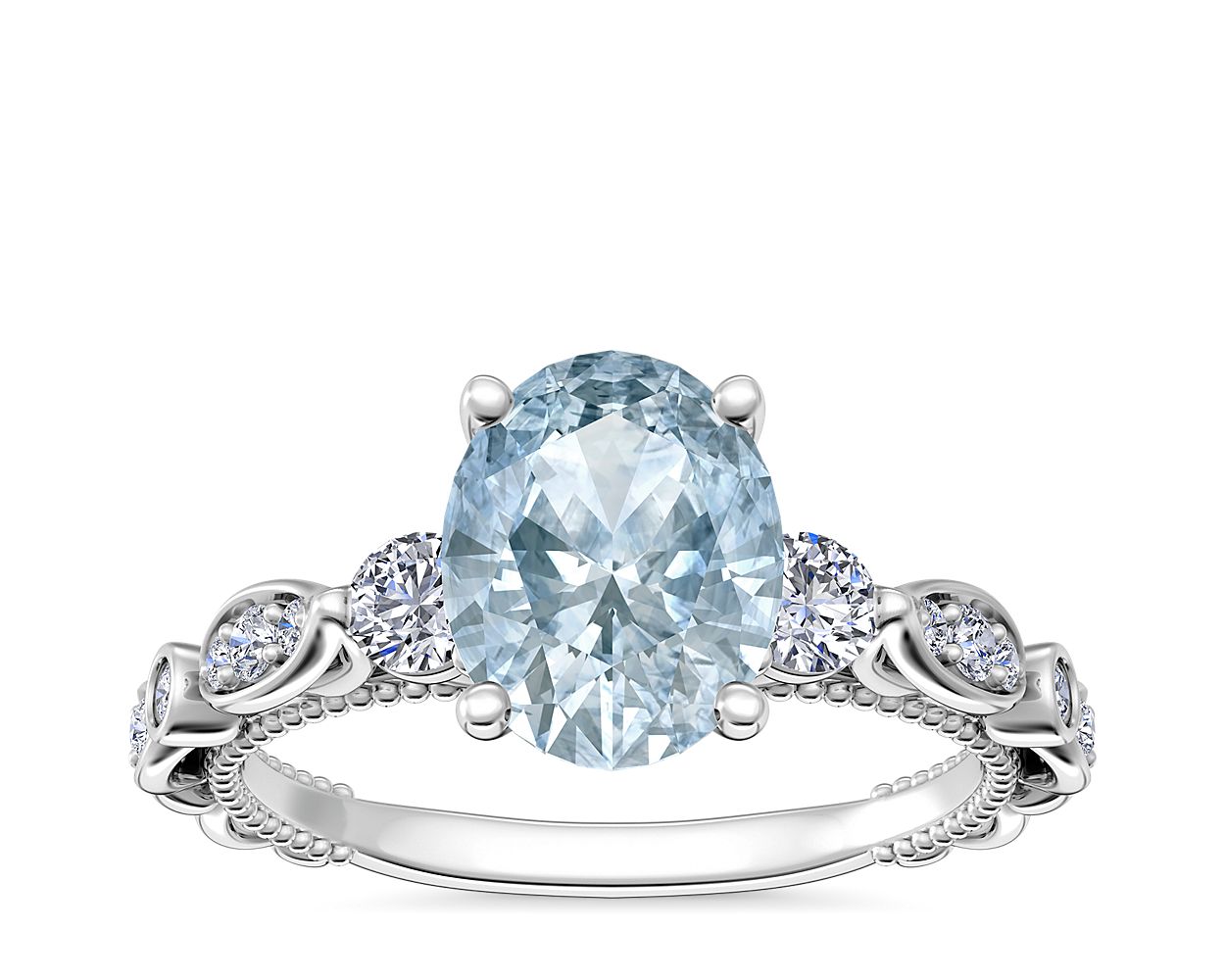 Floral Ellipse Diamond Cathedral Engagement Ring with Oval Aquamarine ...