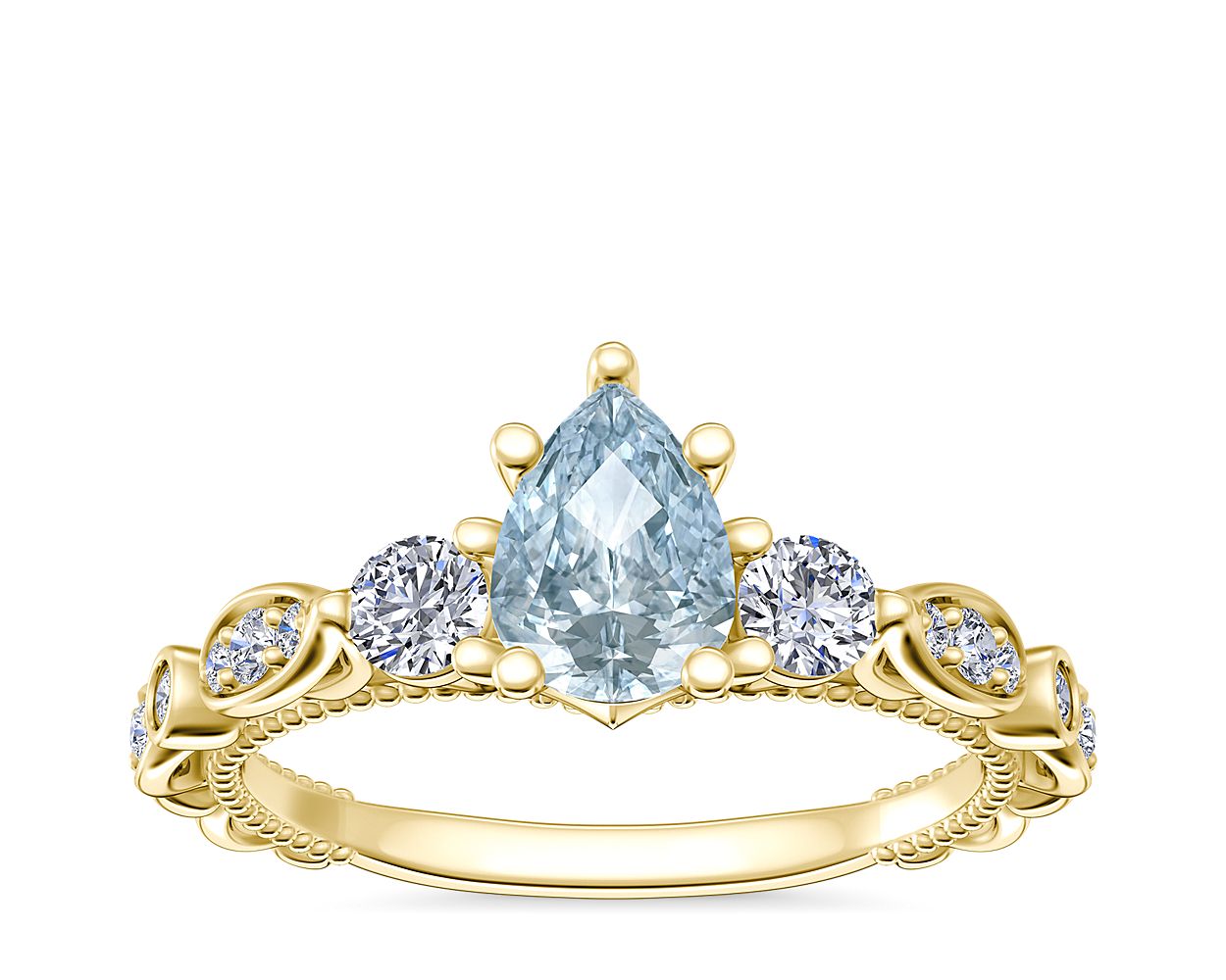 Floral Ellipse Diamond Cathedral Engagement Ring with Pear-Shaped ...