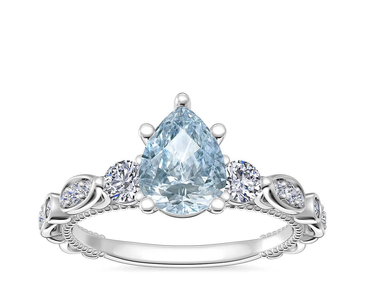 Floral Ellipse Diamond Cathedral Engagement Ring with Pear-Shaped ...