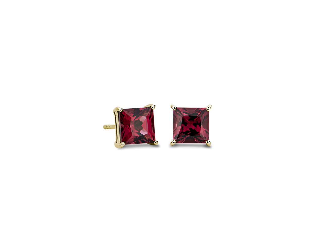 Princess Cut Rhodolite Garnet Studs in 14k Yellow gold