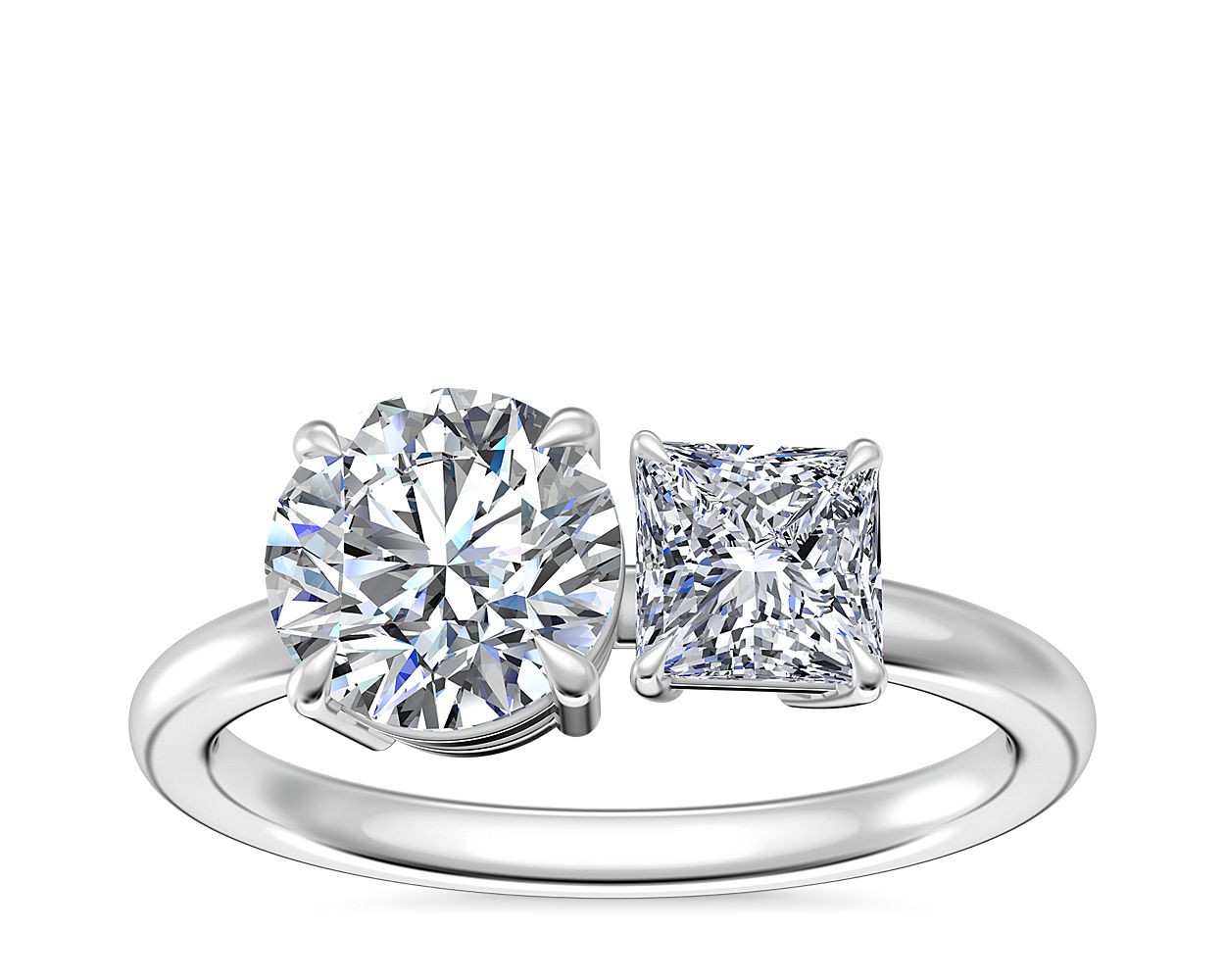 Two Stone Engagement Ring with Princess Cut Diamond in 18k White Gold ...