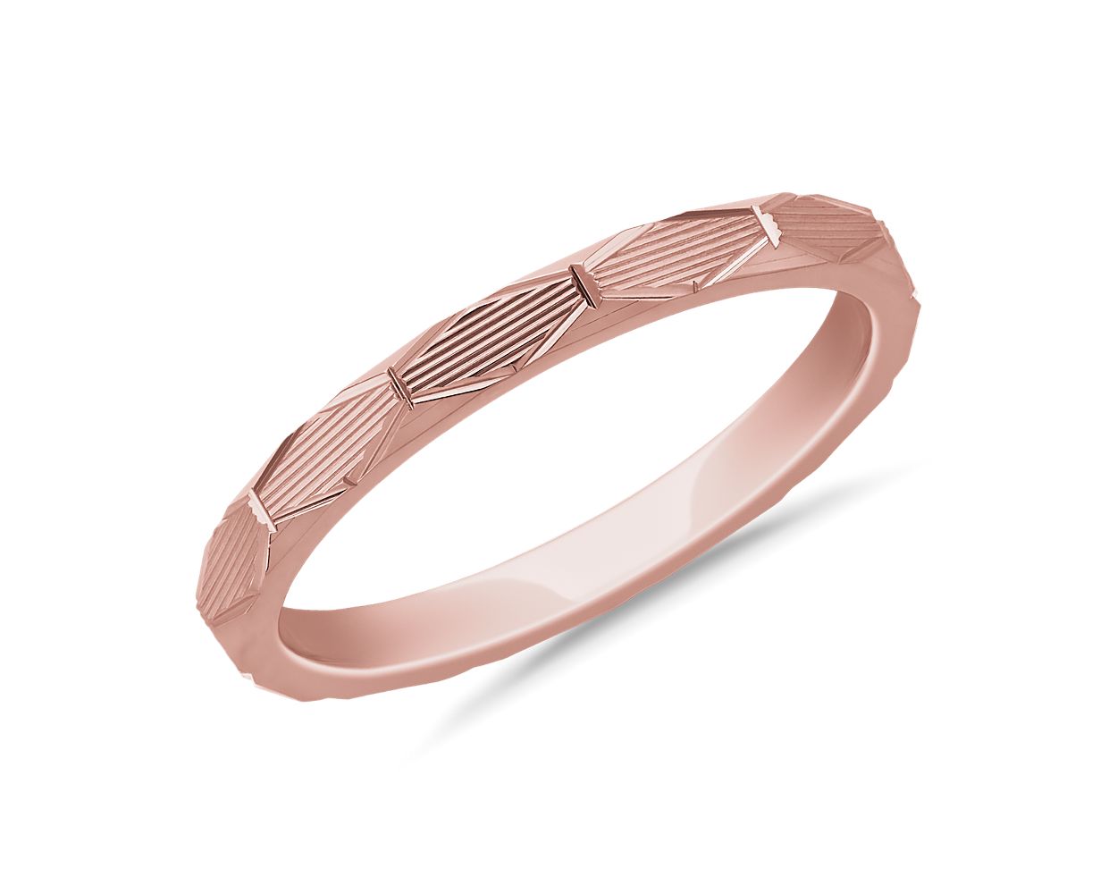 Stackable Raised Hexagon Lined Ring in 14k Rose Gold (2mm)