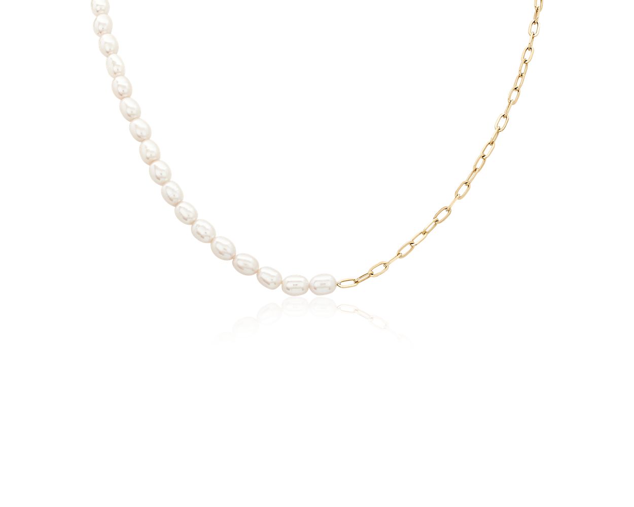 Freshwater Pearl and Paperclip Chain Half-and-Half Necklace in 14k ...