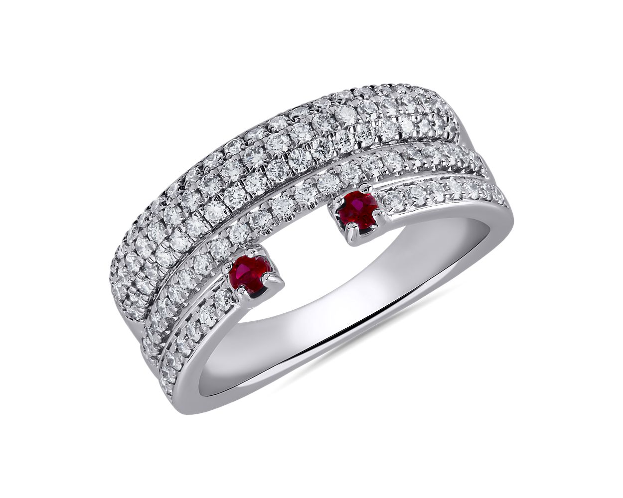 Three Row Stacked Open Round Ruby & Diamond Ring in 14k White Gold (5/8 ...