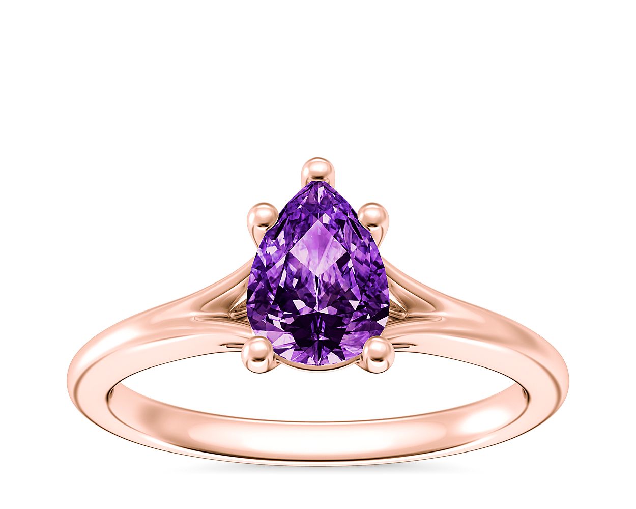 Petite Split Shank Solitaire Engagement Ring with Pear-Shaped Amethyst in 18k Rose Gold (7x5mm)