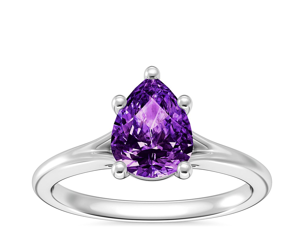 Petite Split Shank Solitaire Engagement Ring with Pear-Shaped Amethyst ...