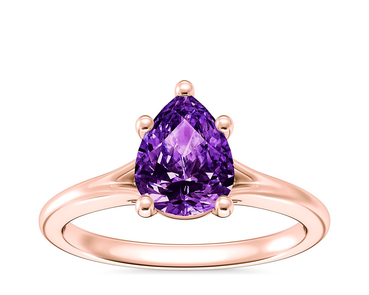 Petite Split Shank Solitaire Engagement Ring with Pear-Shaped Amethyst in 18k Rose Gold (8x6mm)