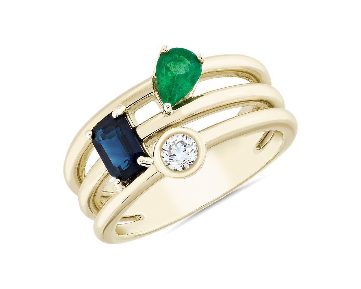 Faux Stacking Ring with Sapphire, Emerald and Diamond in 14k Yellow Gold