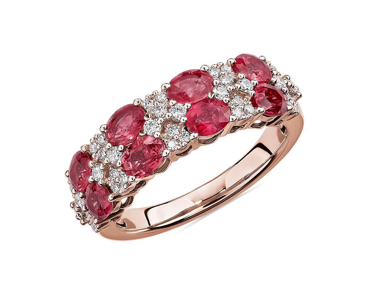 Oval Ruby & Round Diamond Double Row Ring in 14k Rose Gold