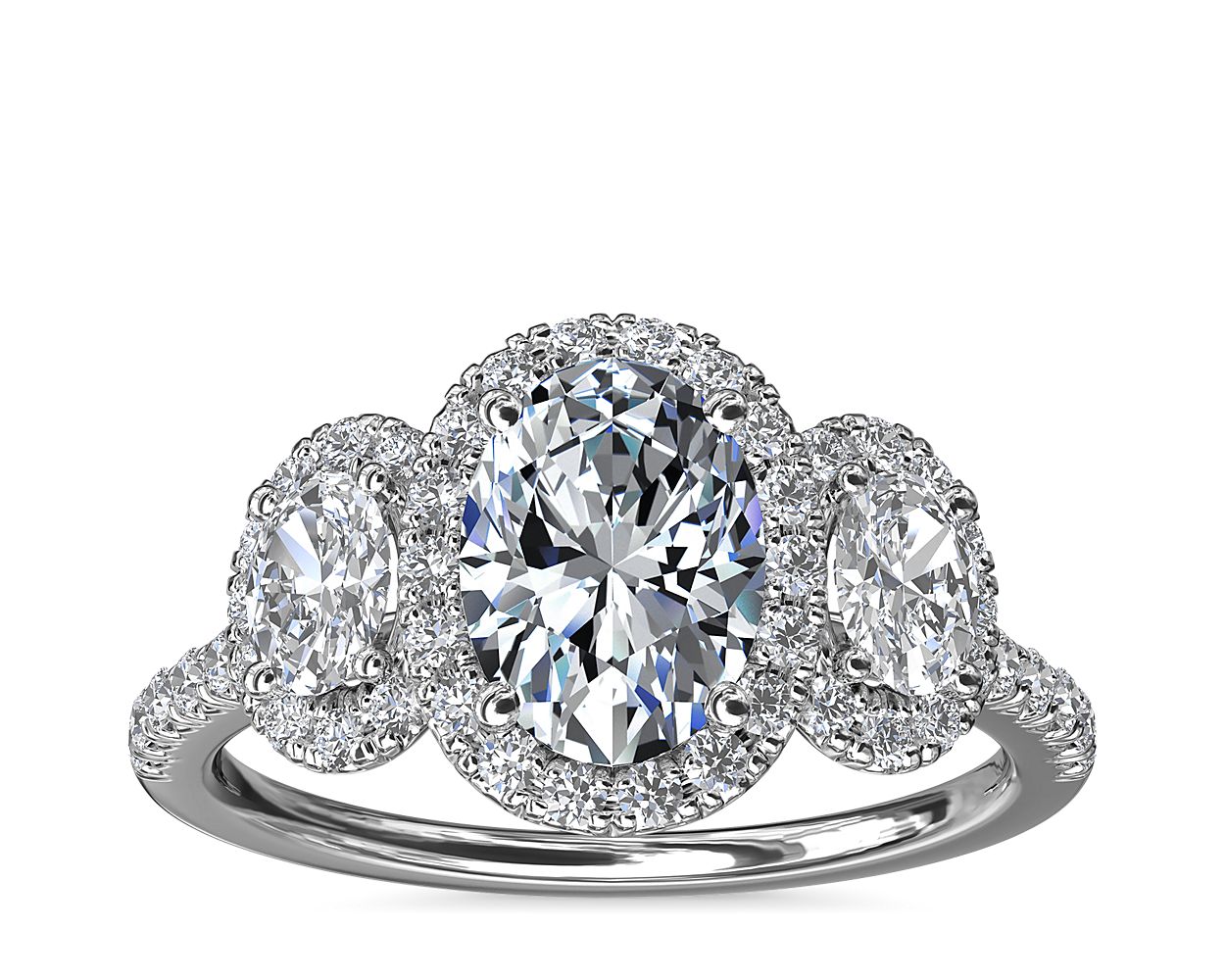 Three-Stone Oval Halo Diamond Engagement Ring in Platinum