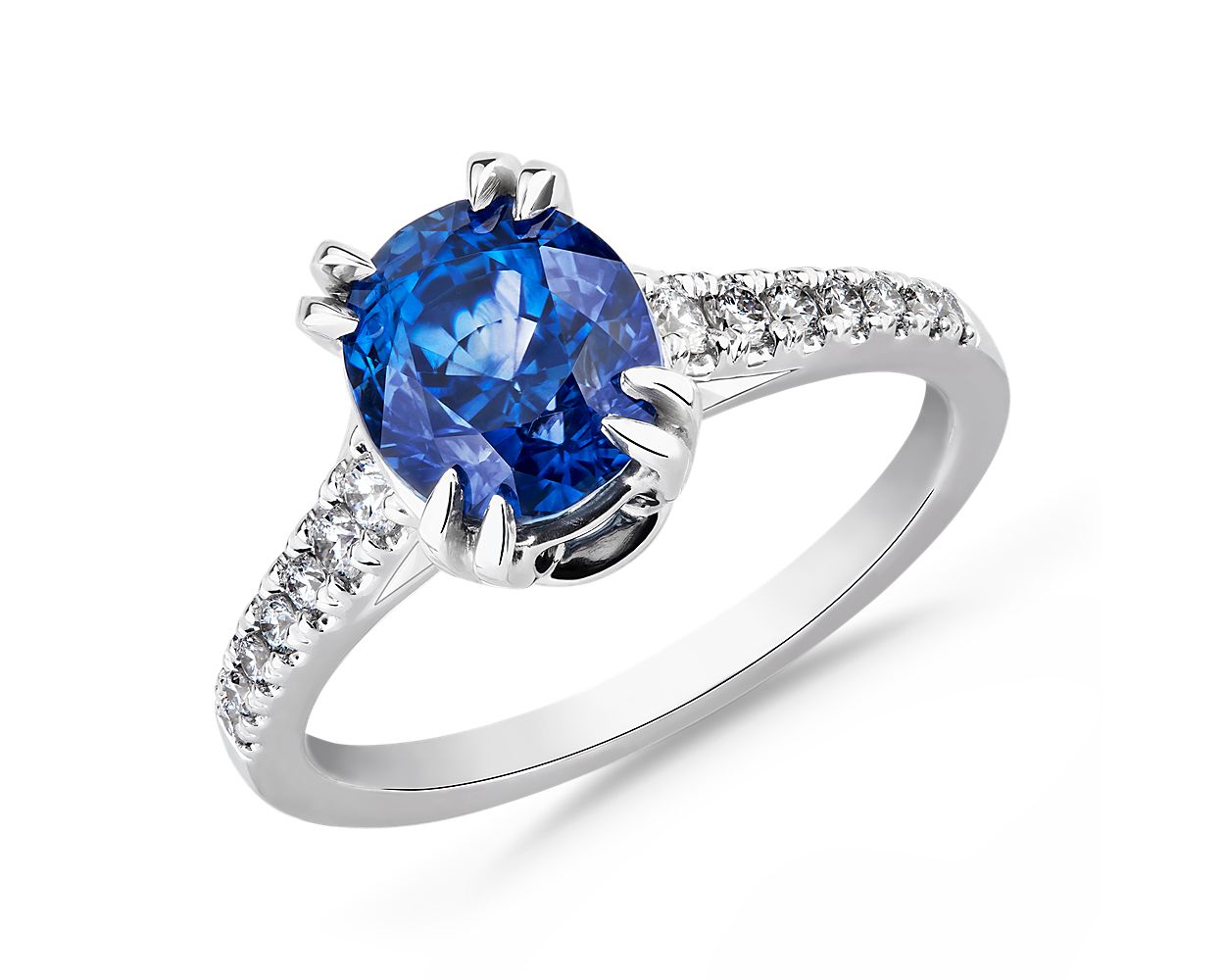 Talon Prong Oval Blue Sapphire Ring in 18k White Gold