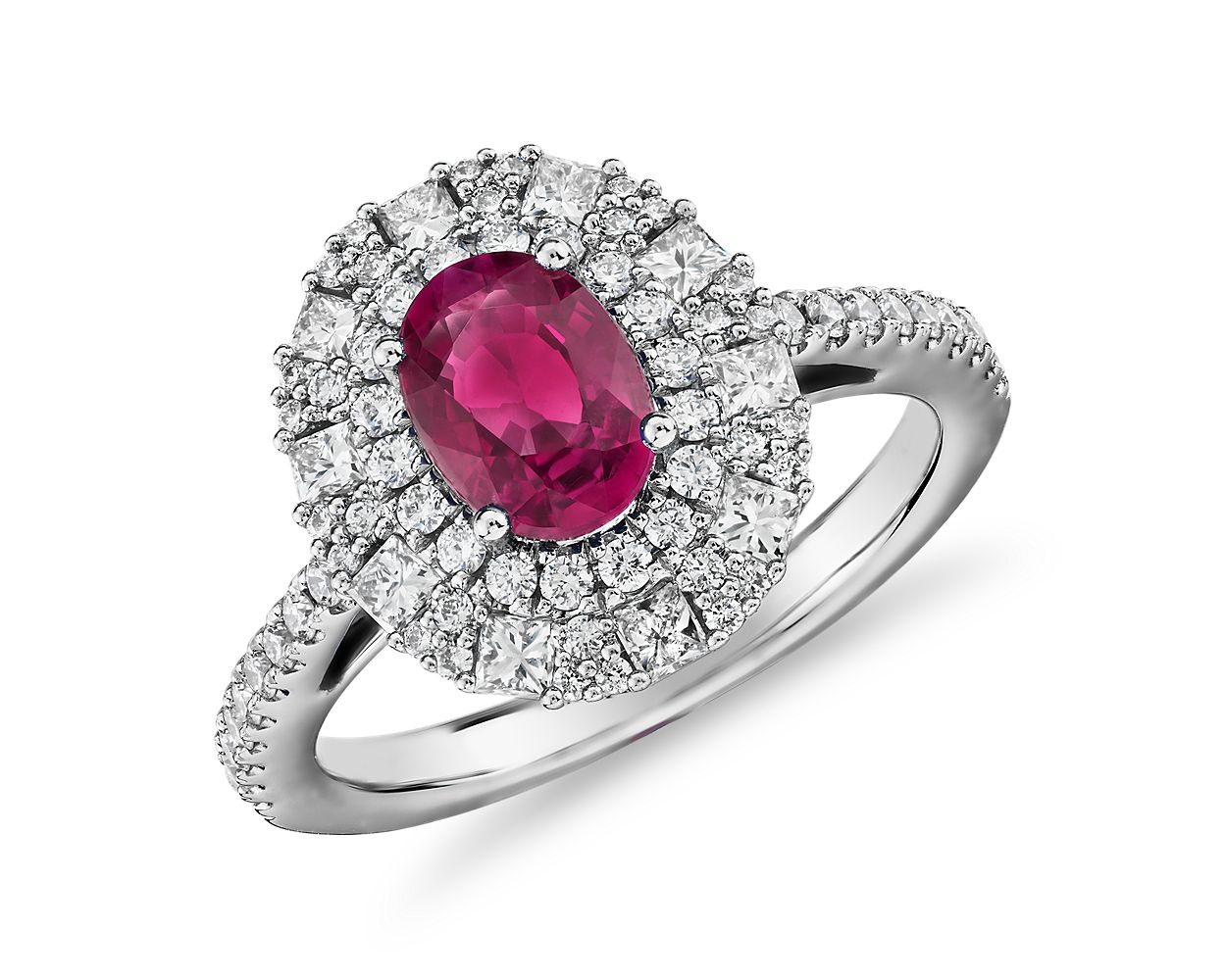 Oval Ruby Ring with Double Diamond Halo in 14k White Gold (7x5mm)