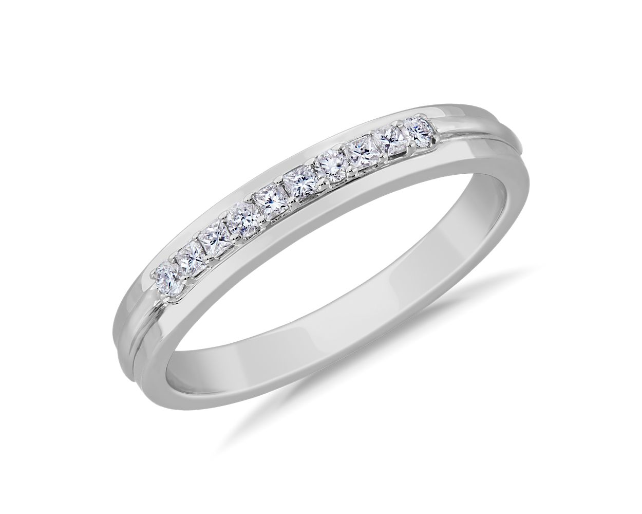 Men's Princess and Round Diamond Wedding Ring in 14k White Gold (1/5 ct ...