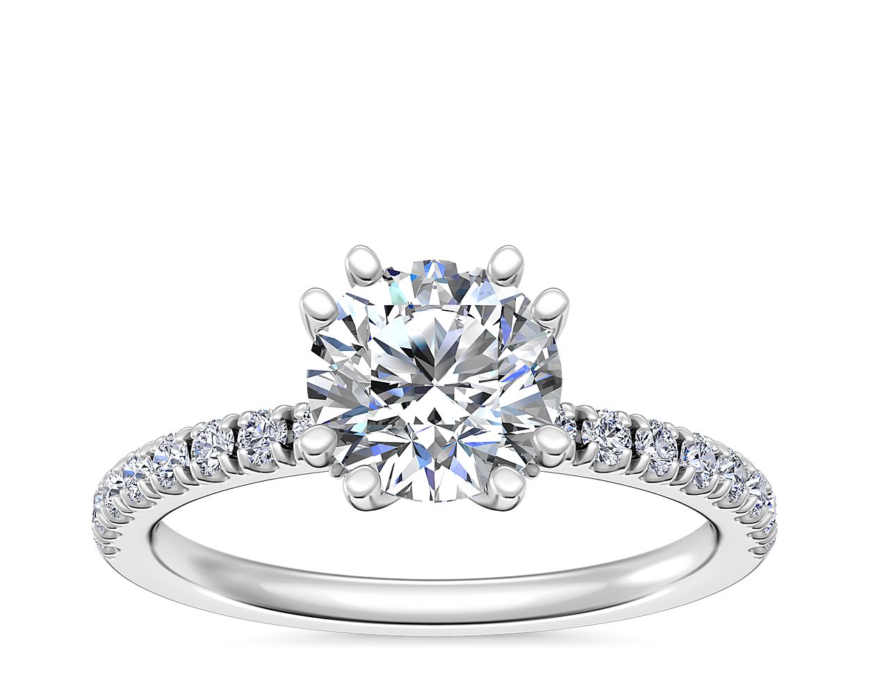 Double Prong Secret Pavé Diamonds Engagement Ring in 14k White Gold