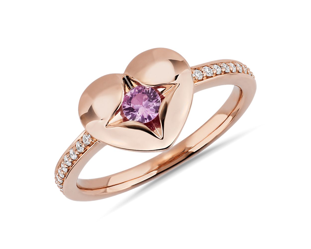 Pink Sapphire Inlay and Diamond Heart Ring in 14k Rose Gold