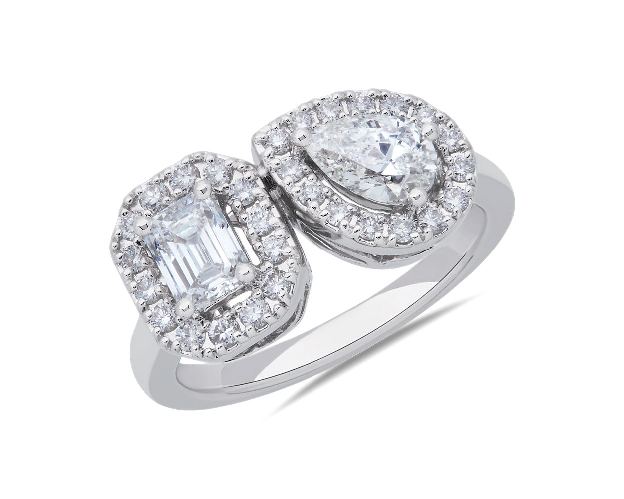 Emerald and Pear Halo Two Stone Diamond Ring 14k White Gold (1 1/4 ct. tw.)