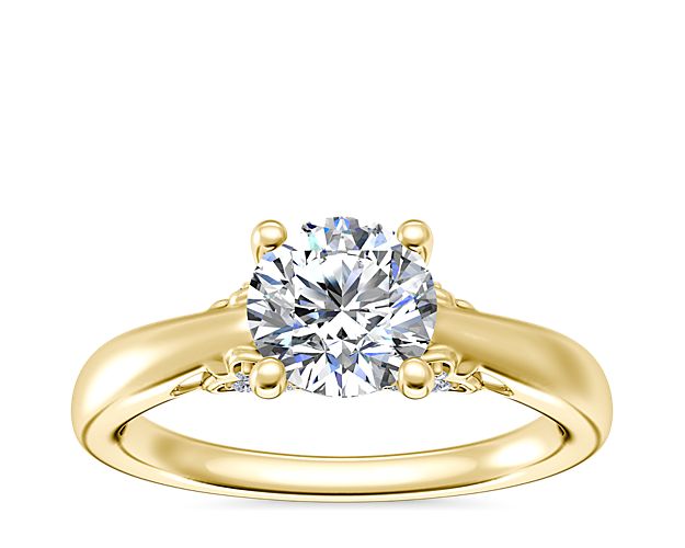 Wide Band Solitaire Plus Diamond Engagement Ring in 14k Yellow Gold
