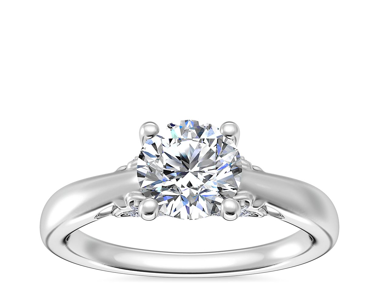 Wide Band Solitaire Plus Diamond Engagement Ring in 18k White Gold