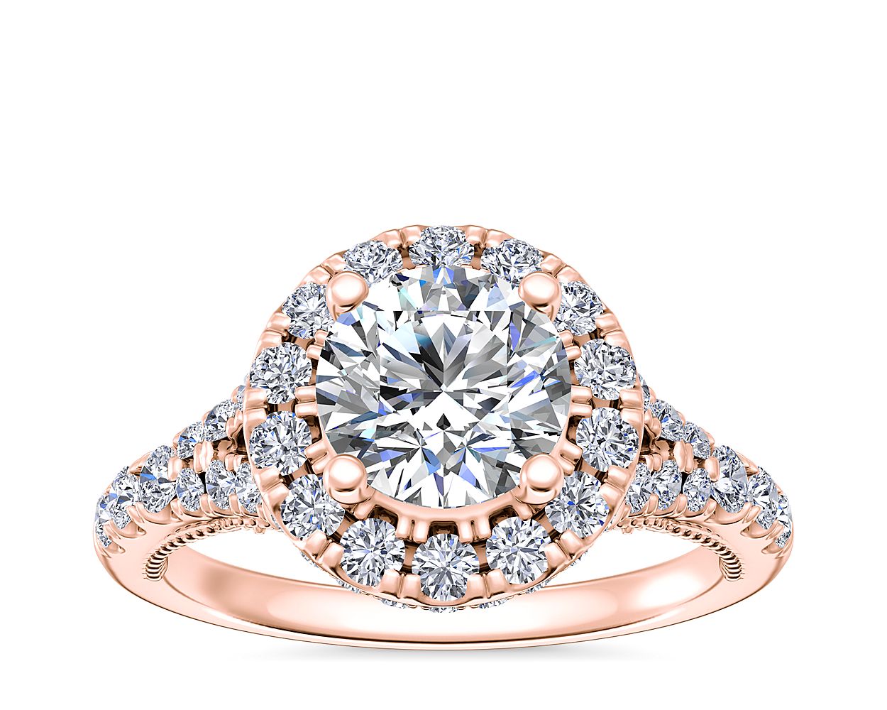 Lace Bridge Split Shank Halo Diamond Engagement Ring in 14k Rose Gold ...