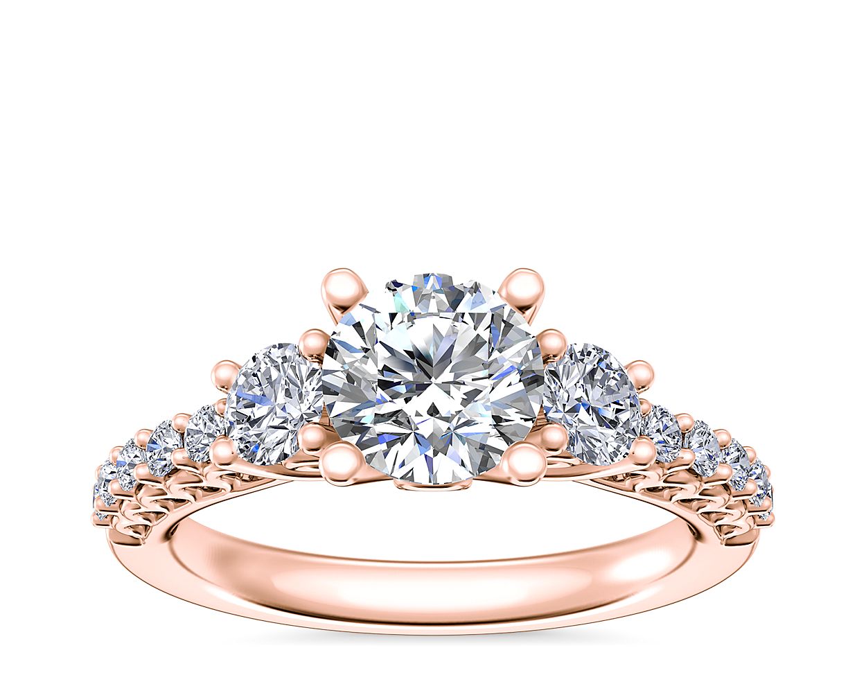 Three Stone Scalloped Lace Bridge Diamond Engagement Ring? in 14k Rose Gold