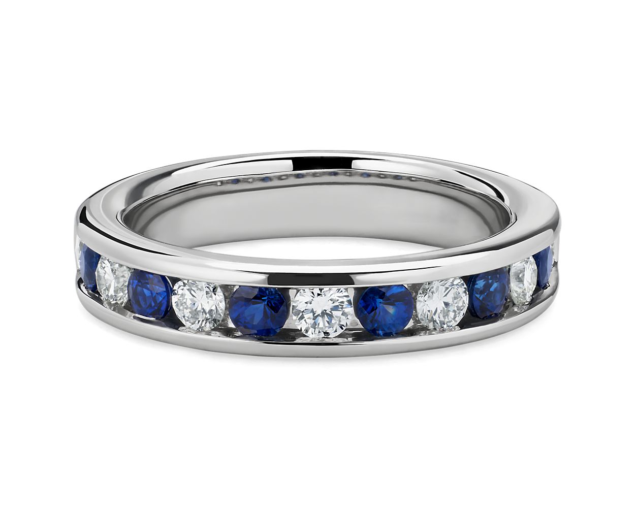 Channel Set Round Diamond and Blue Sapphire Ring in Platinum (3 mm)