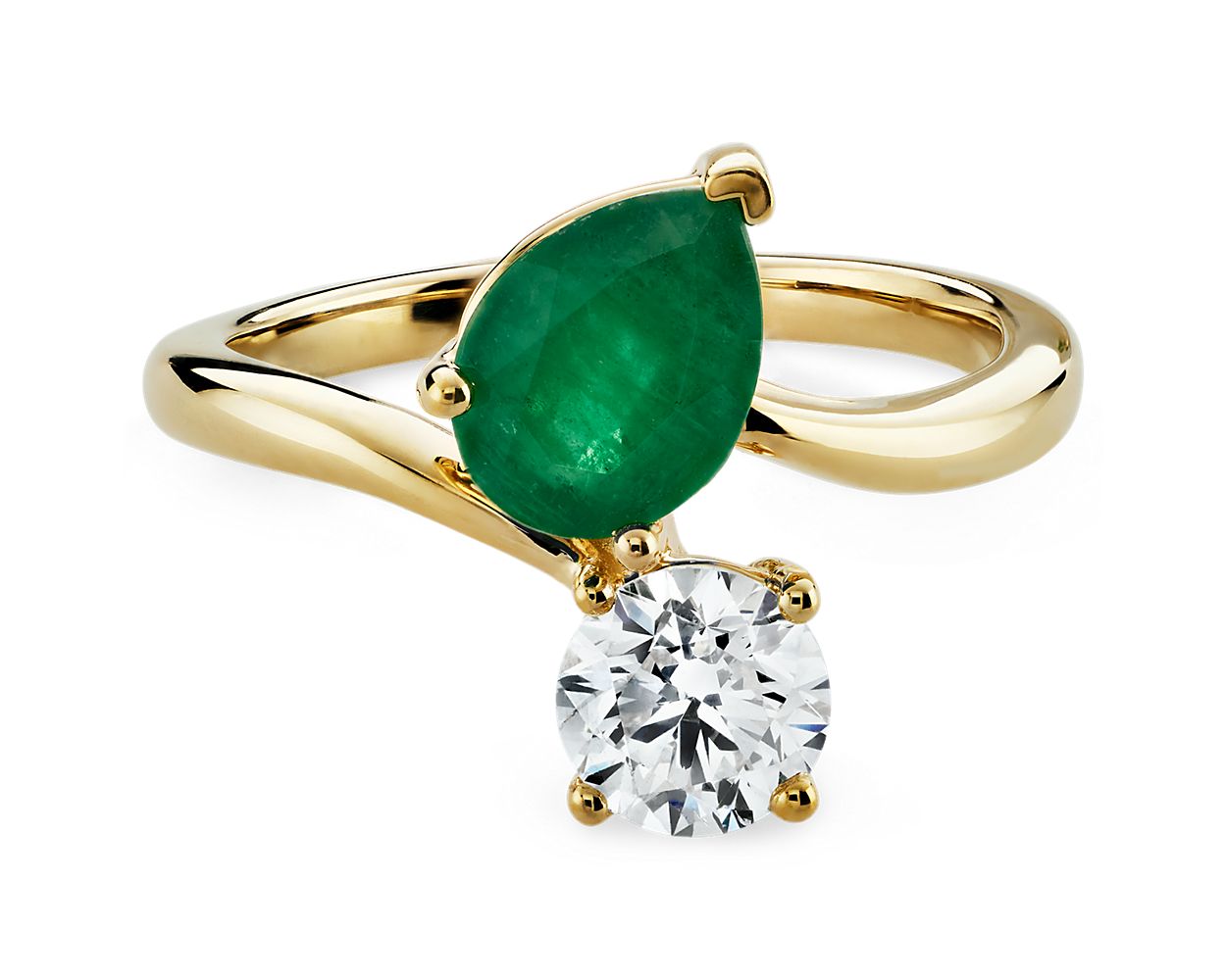Emerald and Diamond Two Stone Ring in 14k Yellow Gold