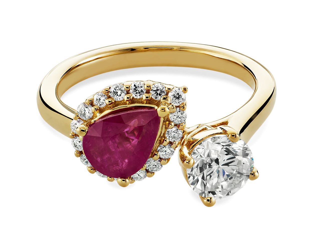 Ruby and Diamond Two Stone Ring in 14k Yellow Gold