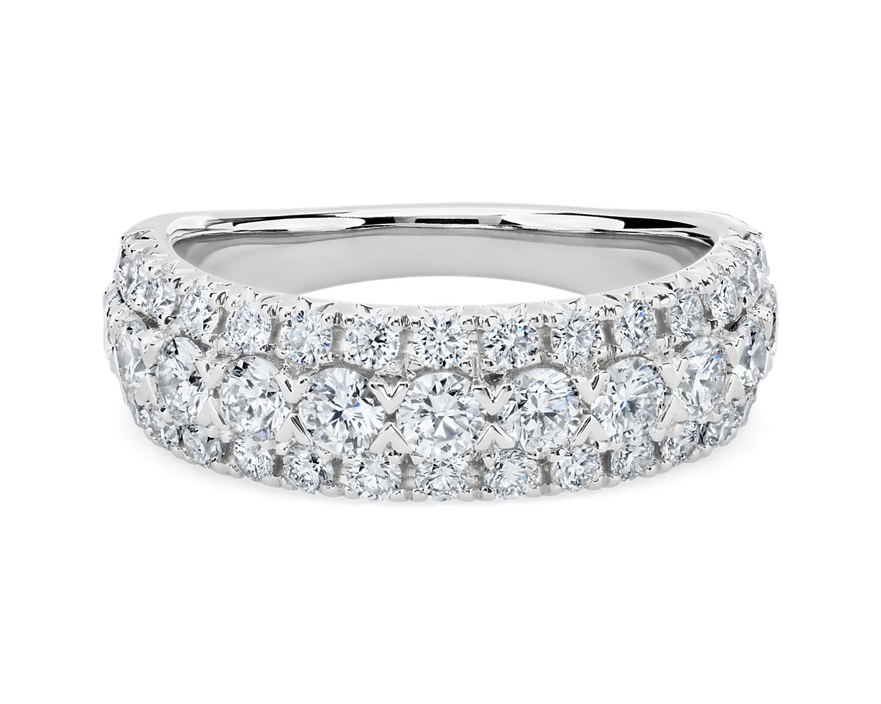 Three Row V-Prong French Pave Diamond Ring in 14k White Gold (1 1/2 ct ...