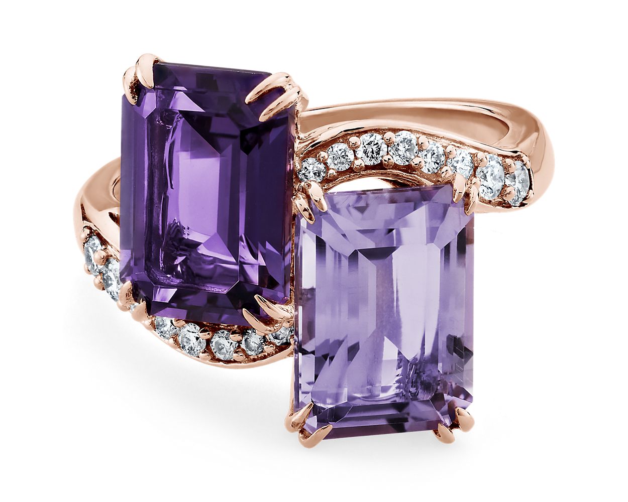 Emerald Cut Amethyst and Diamond Two-Stone Ring 14k Rose Gold