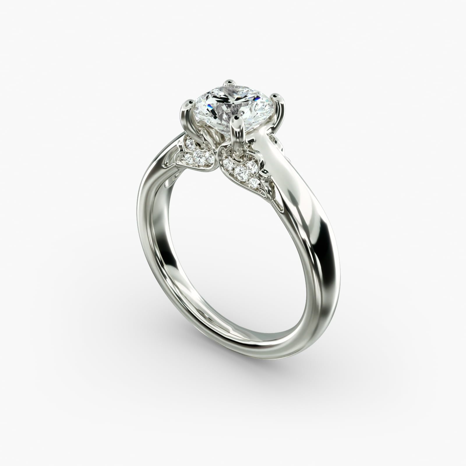 Wide Band Solitaire Plus Diamond Engagement Ring in 14k White Gold