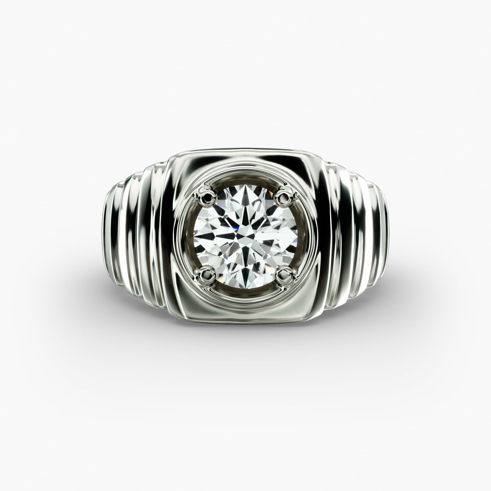 Men's Ridged Solitaire Engagement Ring in 18k White Gold