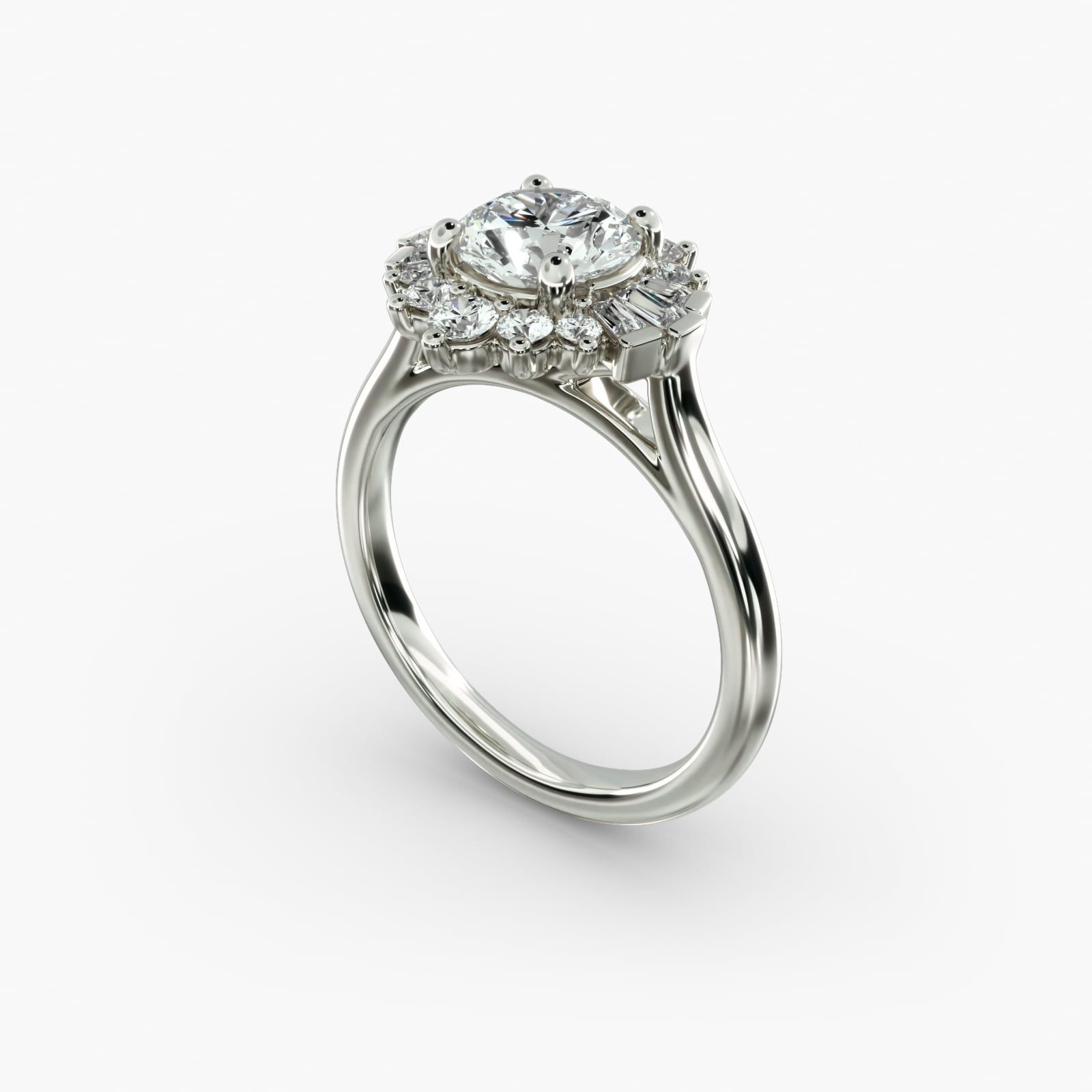Baguette and Round Ballerina Halo Diamond Engagement Ring in 18k White Gold (1ct. tw.)