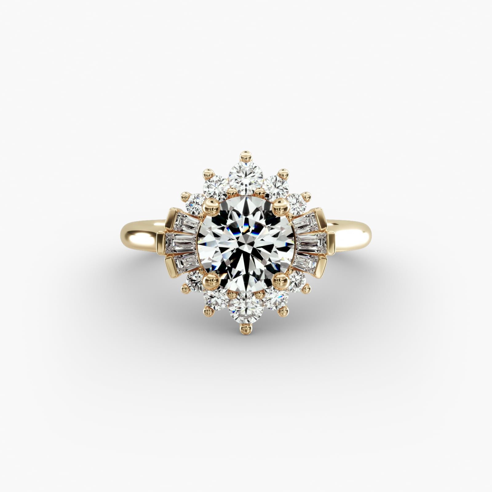 Baguette and Round Ballerina Halo Diamond Engagement Ring in 14k Yellow ...