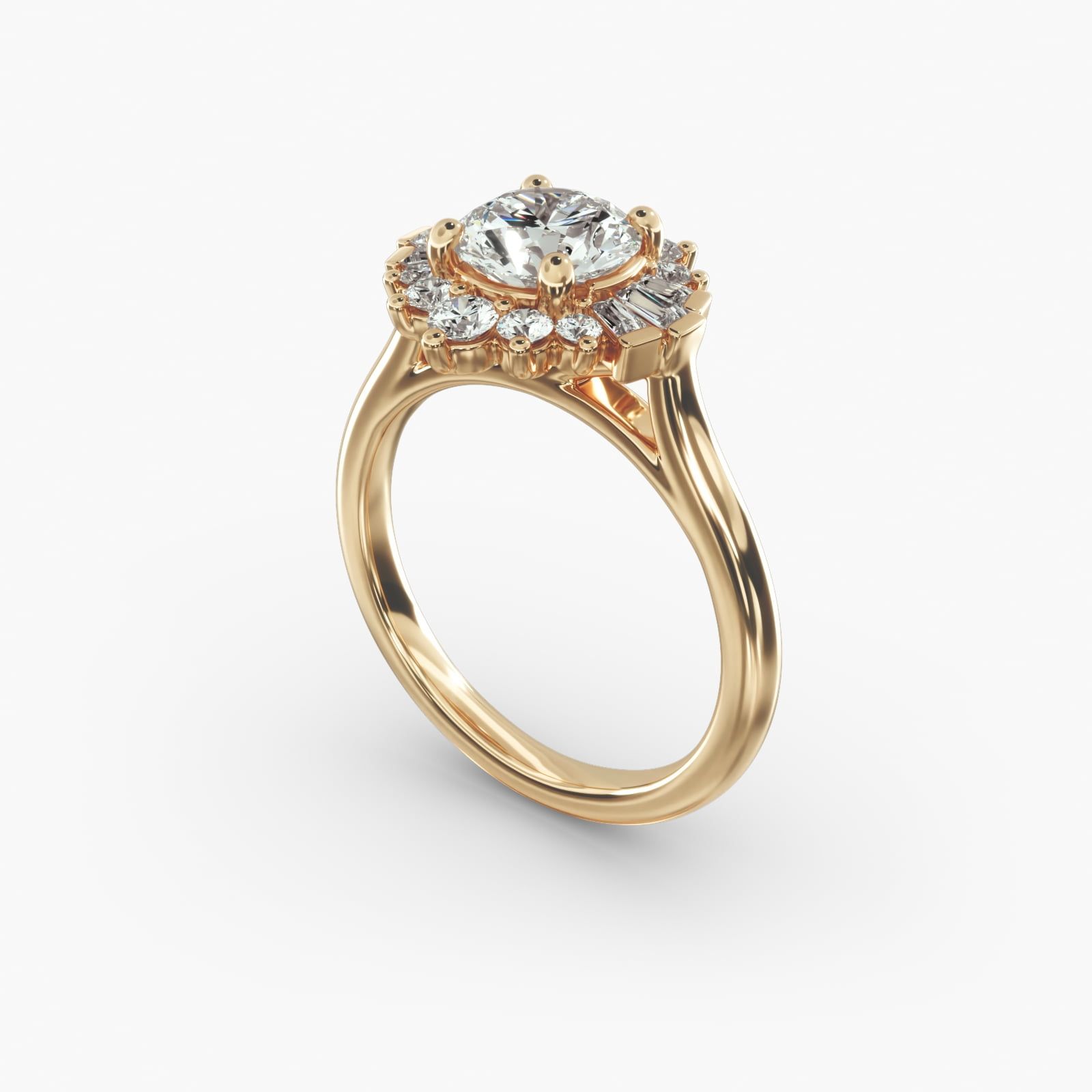 Baguette and Round Ballerina Halo Diamond Engagement Ring in 14k Yellow ...