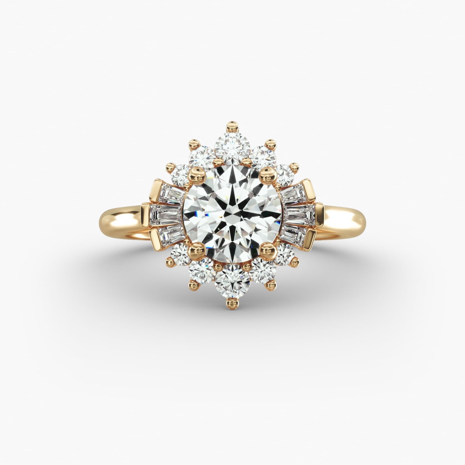 Baguette and Round Ballerina Halo Diamond Engagement Ring in 18k Yellow ...