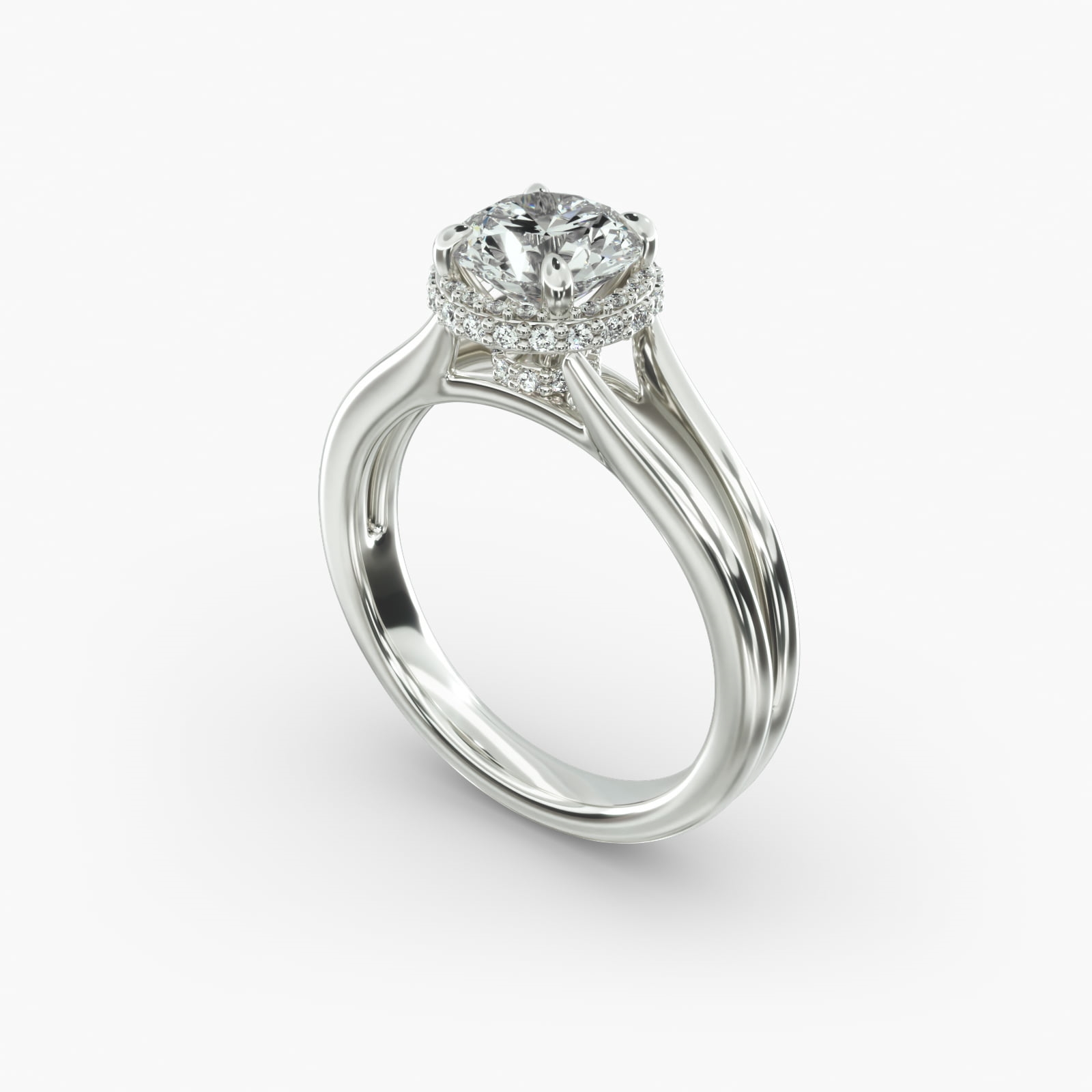 Split Ring Solitaire Engagement Ring Dual Halo Head