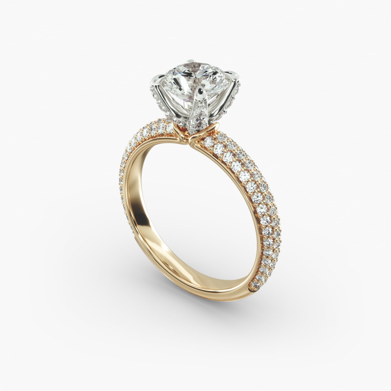Triple Row Pavé Engagement Ring Diamond Tulip Head