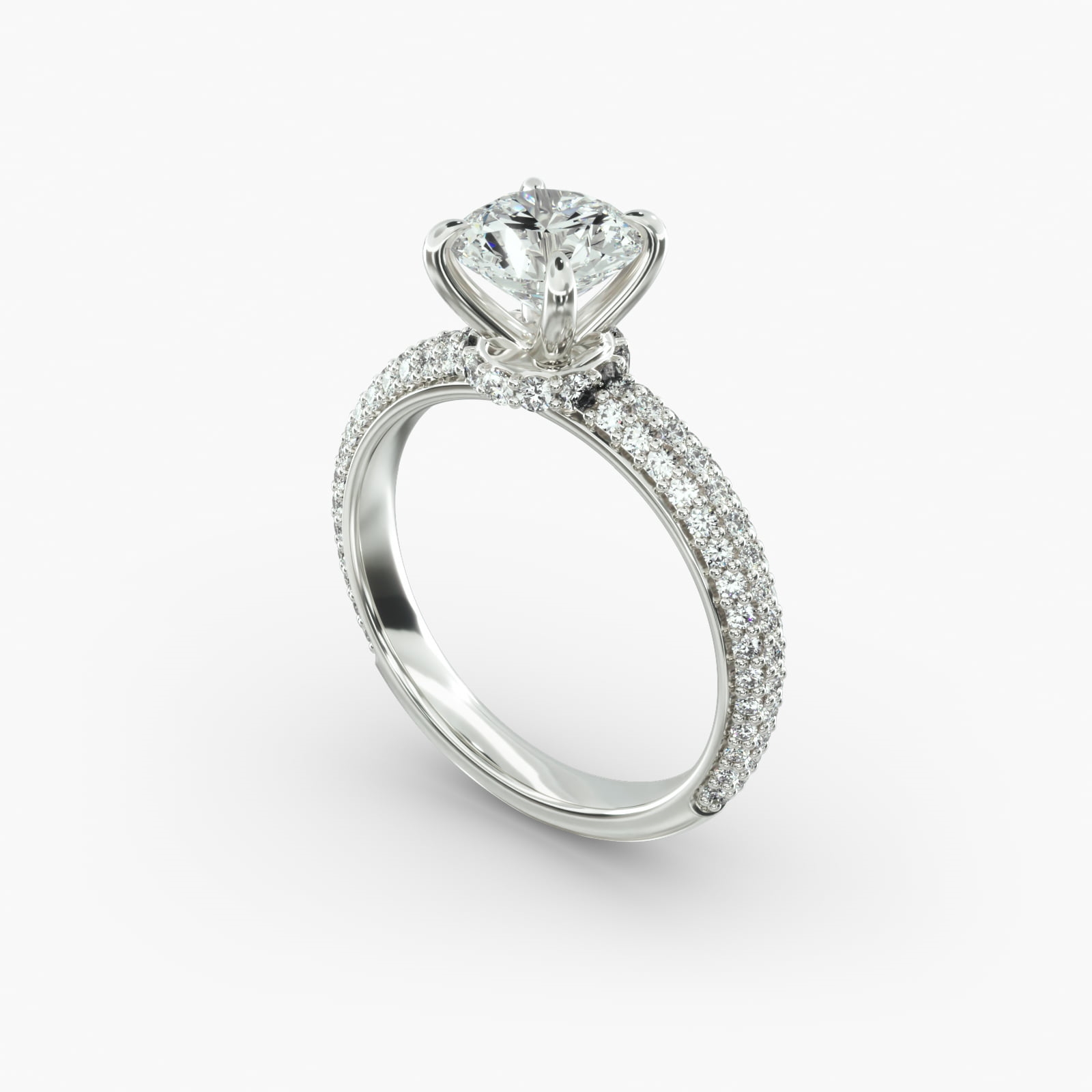 Triple Row Pavé Engagement Ring Hidden Halo Head
