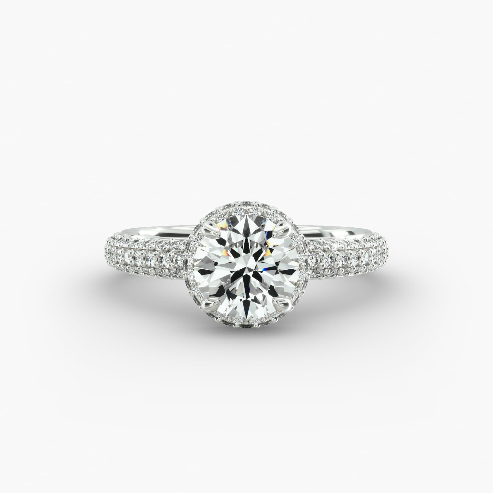 Triple Row Pavé Engagement Ring Dual Halo Head