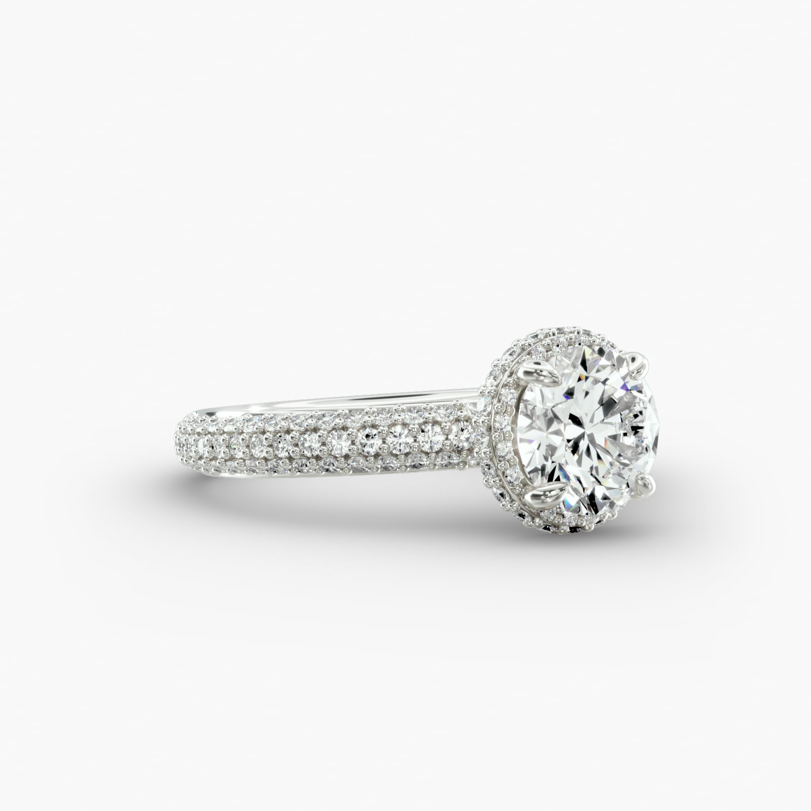 Triple Row Pavé Engagement Ring Dual Halo Head