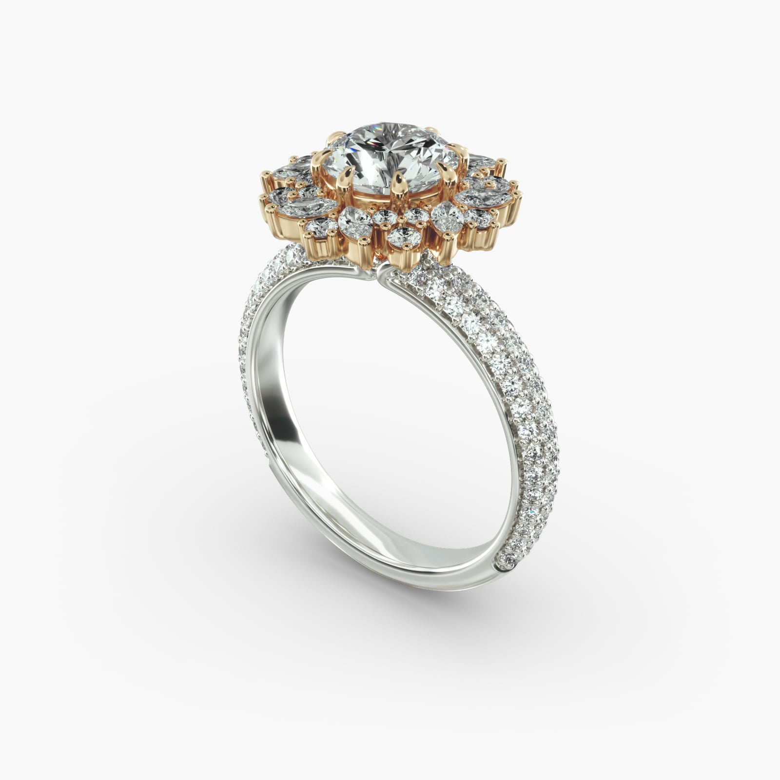 Triple Row Pavé Engagement Ring Fancy Halo Head