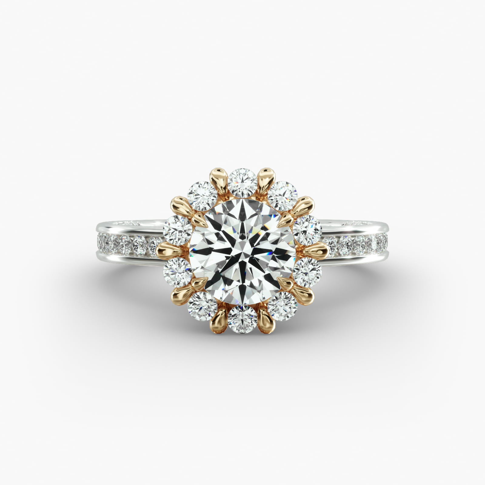 Round Channel Engagement Ring Floral Halo Head