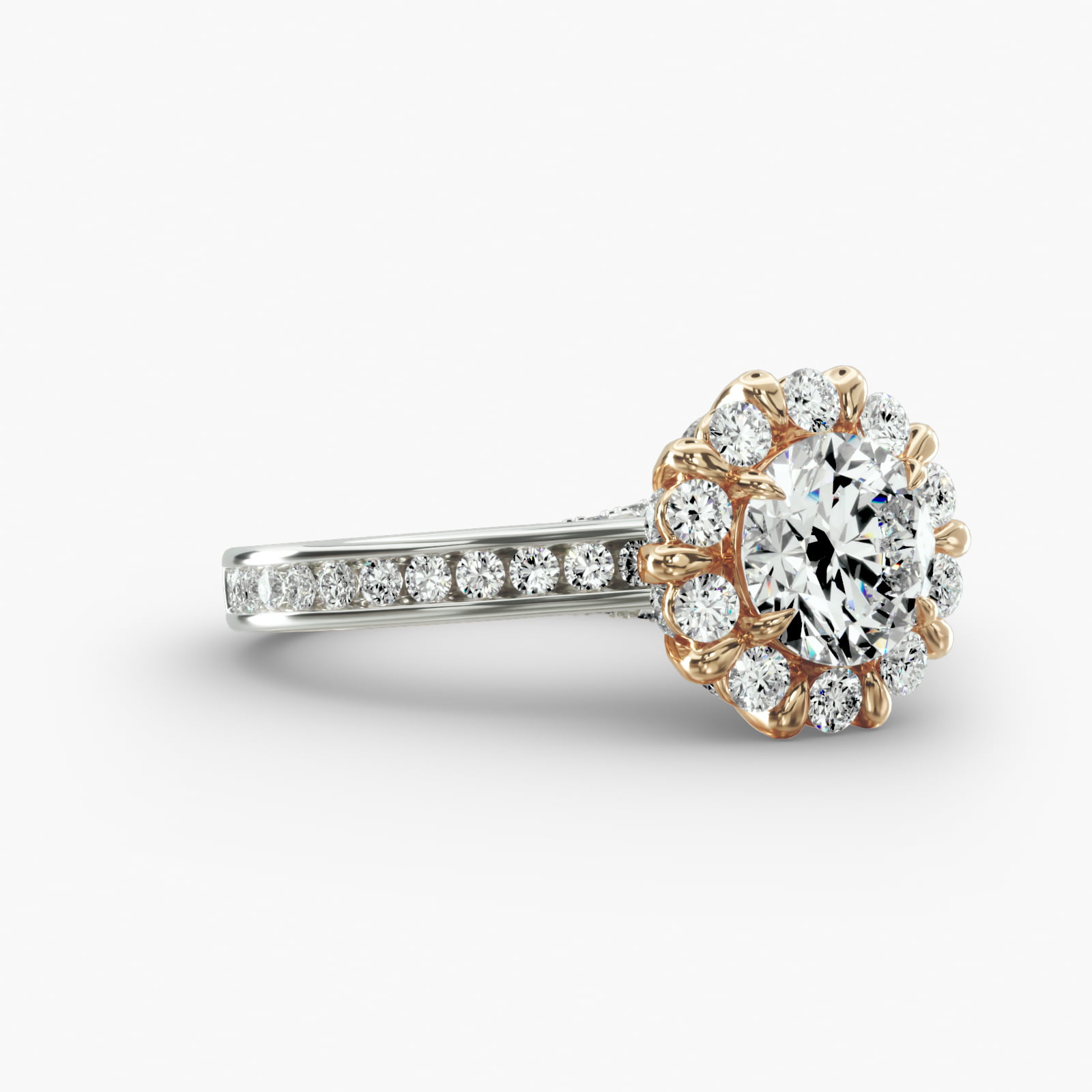 Round Channel Engagement Ring Floral Halo Head