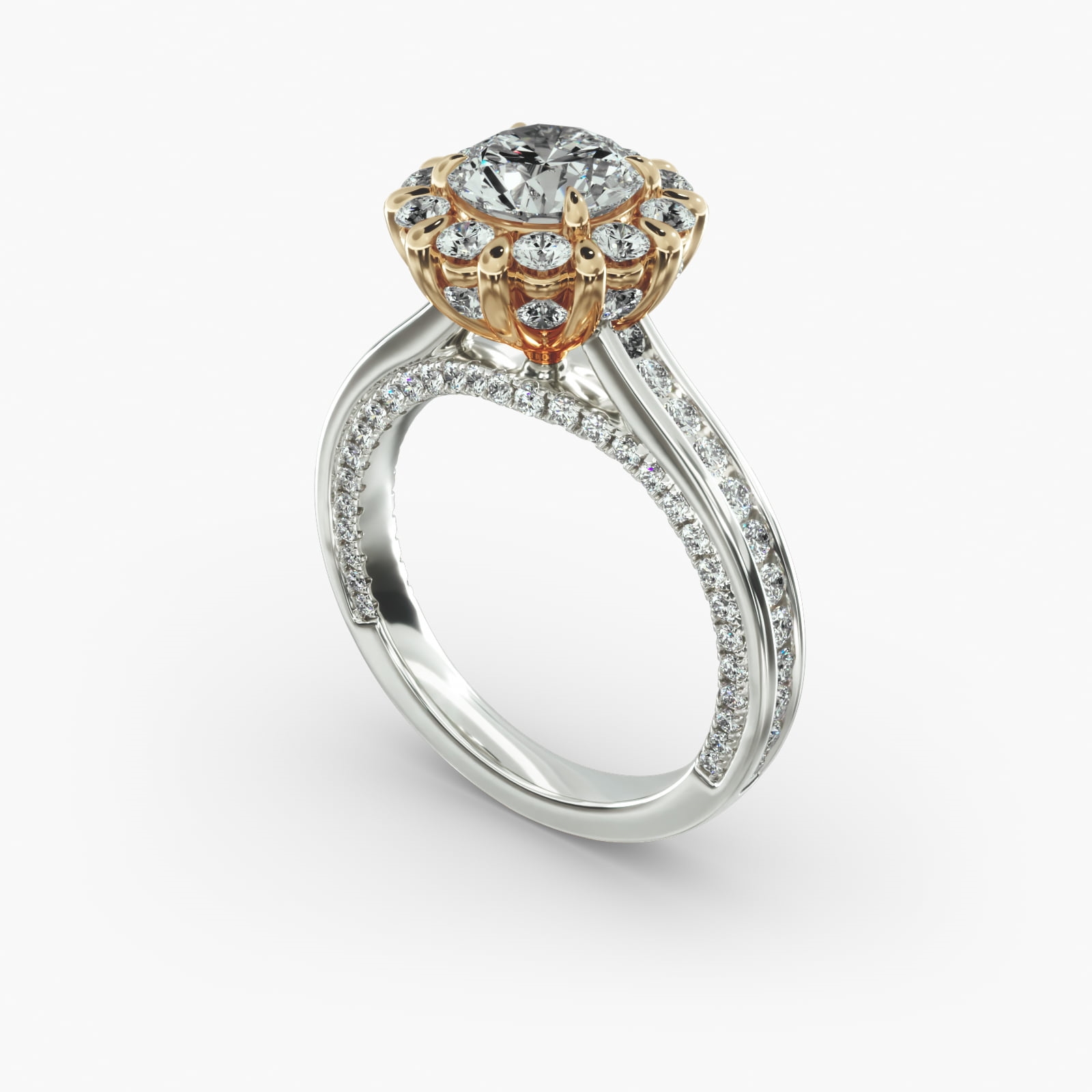 Round Channel Engagement Ring Floral Halo Head